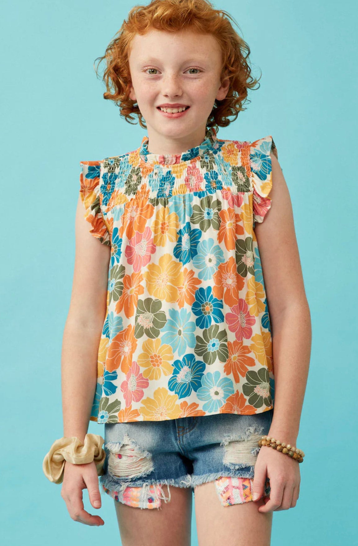 Tween Multi Floral Smocked Ruffle Top | Love & a Dog