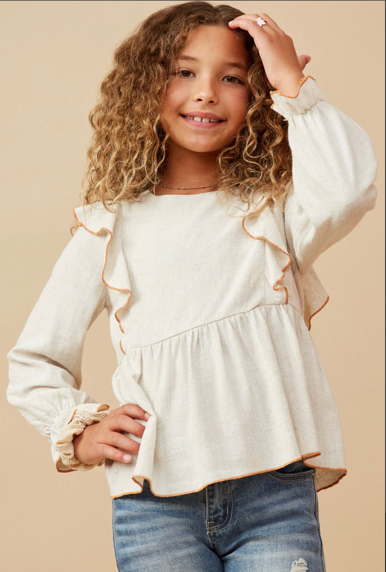 Tween Taupe Contrast Stitch Ruffle LS Top | Love & a Dog